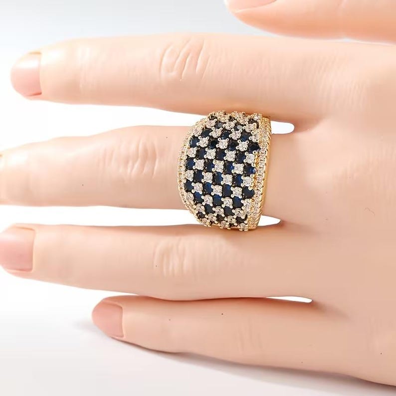 Blue Sapphire Round Cut Wide-band Ring: 925 Sterling Silver Moissanite ...
