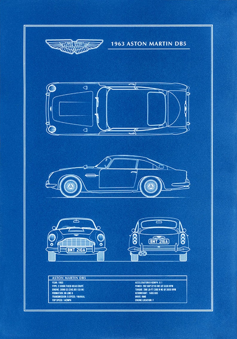 1963 ASTON MARTIN DB5 - 007 - James Bond - MI6 - Technical Drawing ...