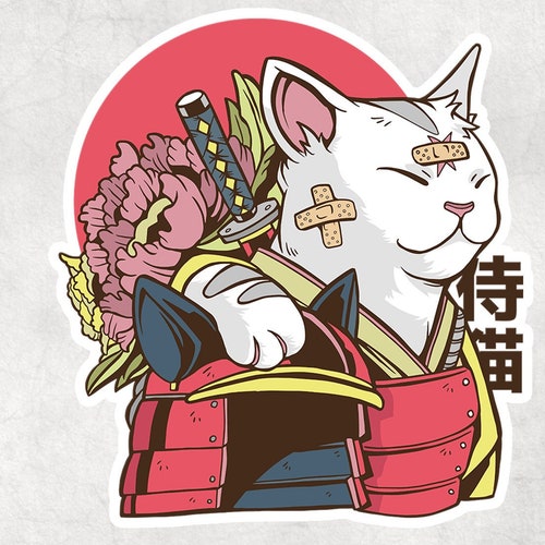 Japanese Traditional Cat Laptop Sticker Cat Samurai Stickers 4 - Etsy