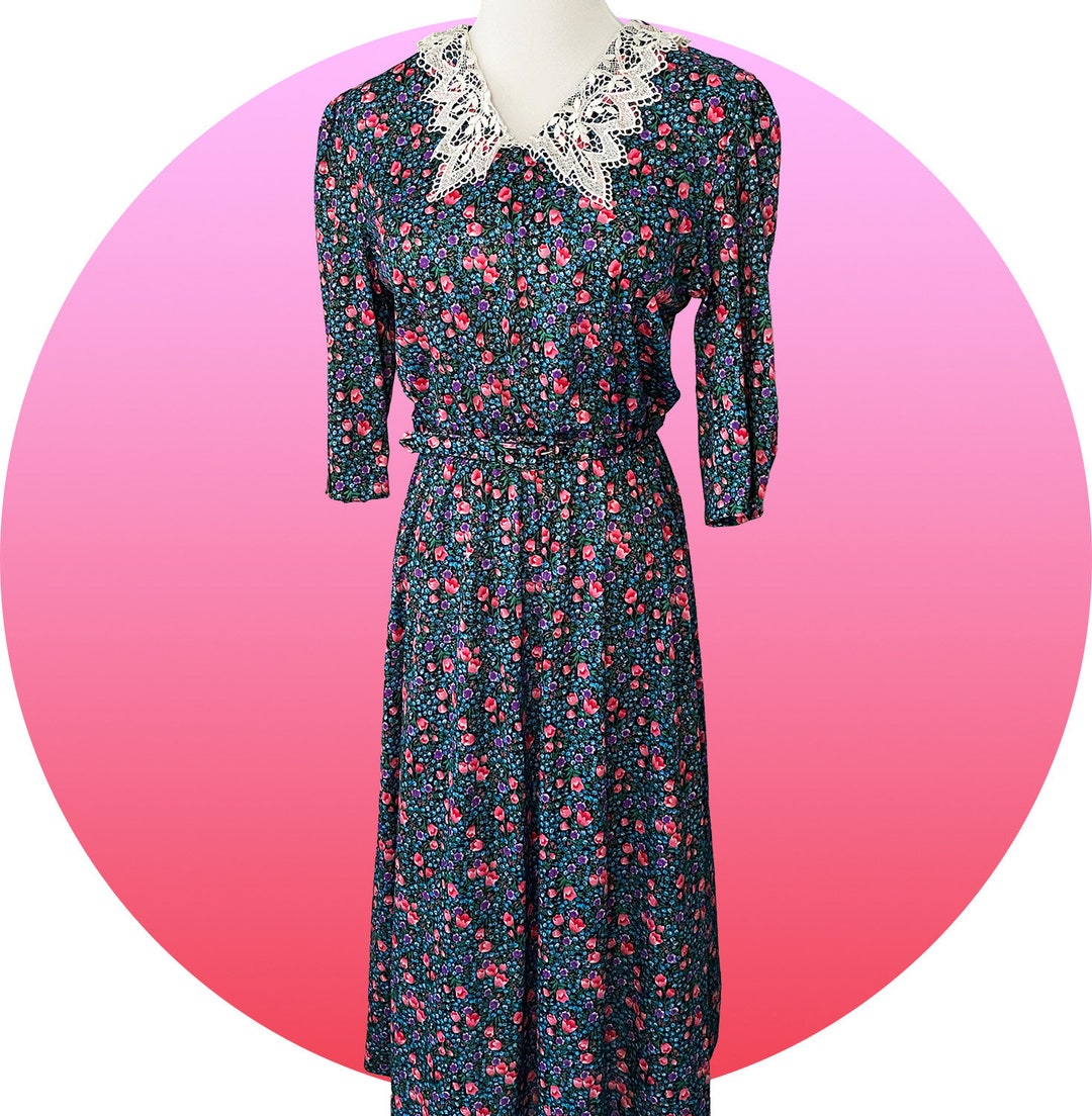 Vintage Floral Midi Dress Cottagecore Feminine Romantic Mid Length ...