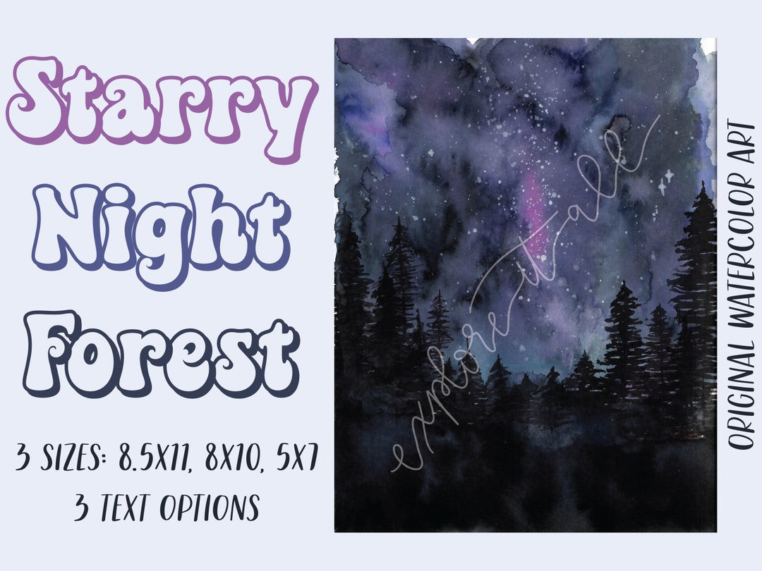 Watercolor Forest Starry Night Digital Print - Etsy