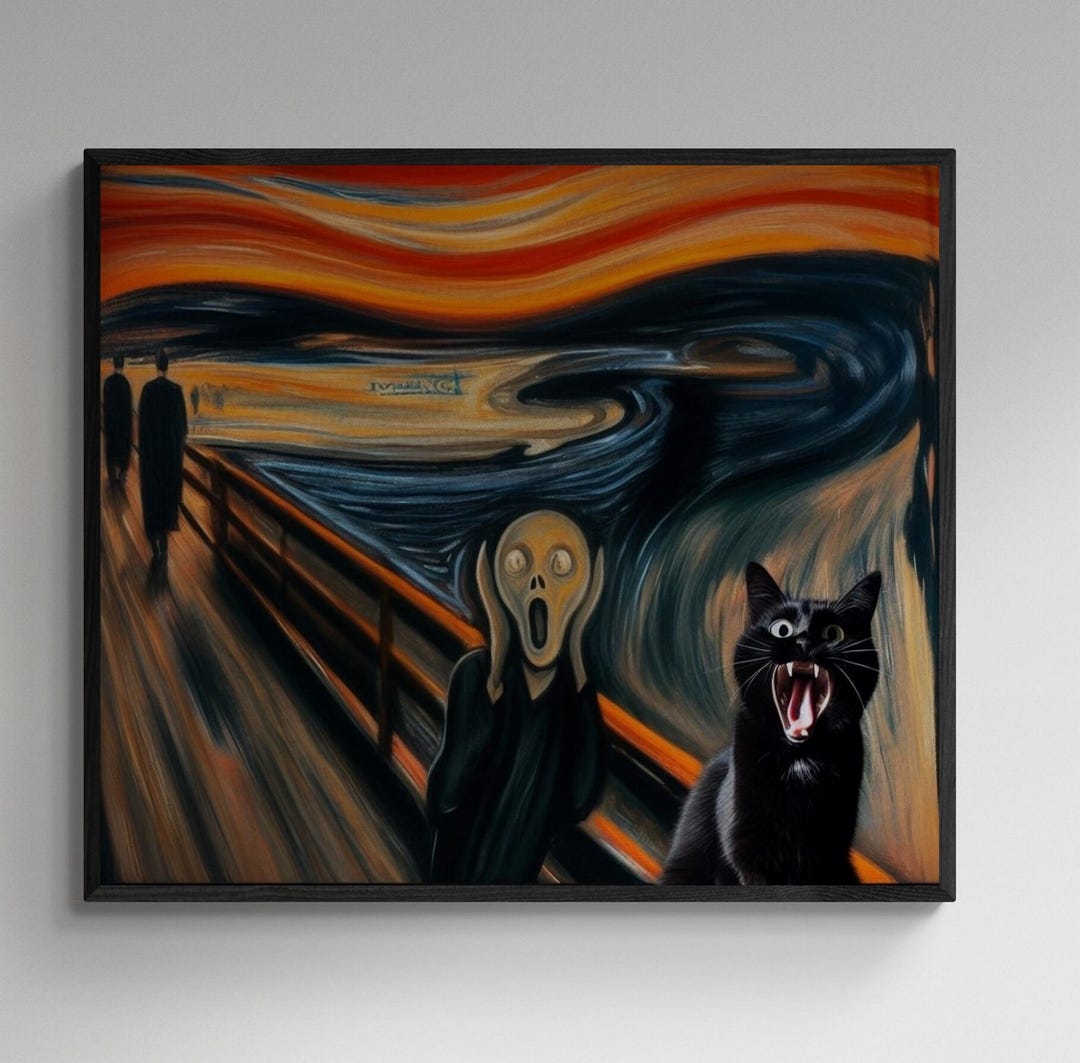 Feline Scream Art Print, Black Cat Edvard Munch Parody, Giclee or ...