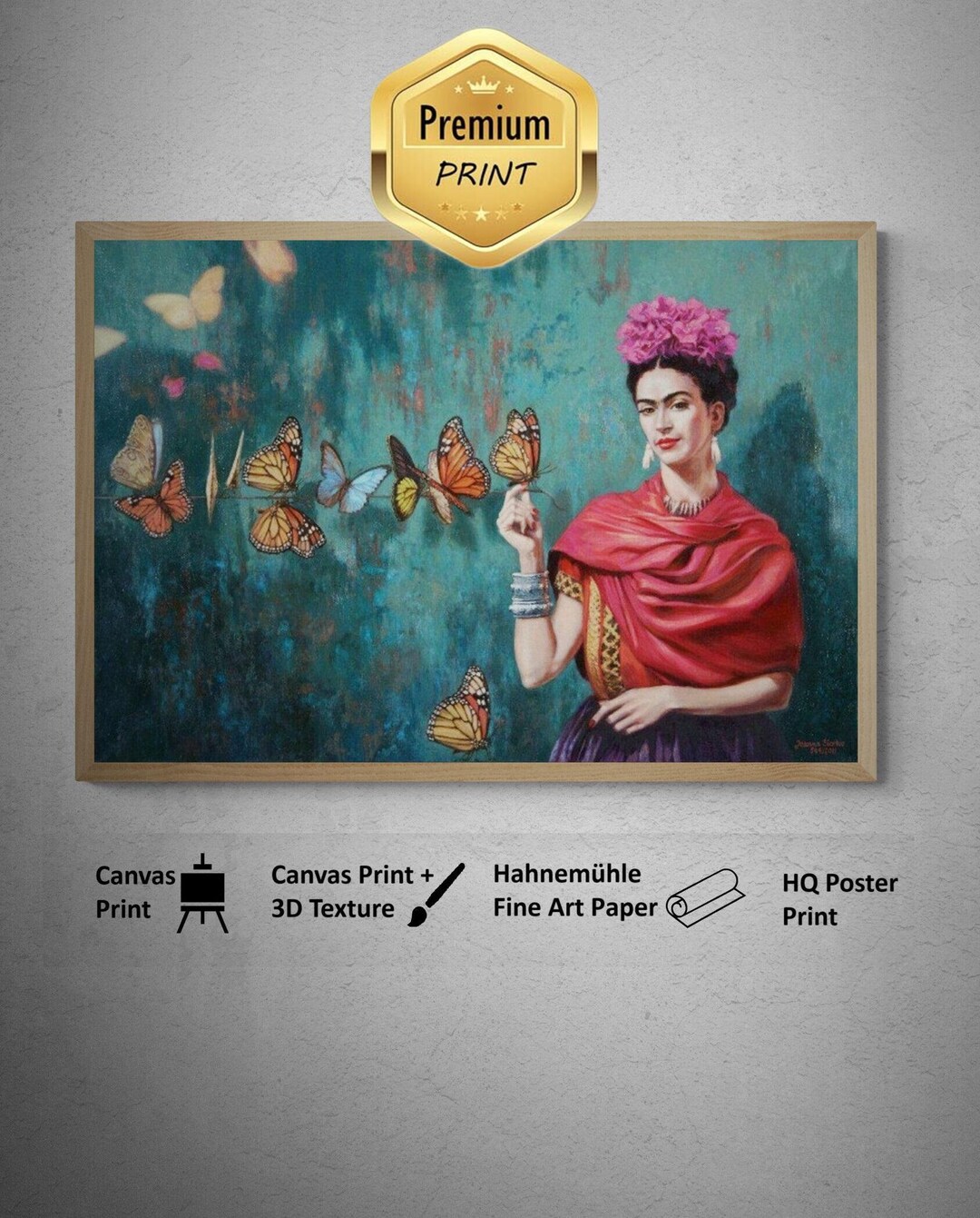Frida Kahlo With Butterflies Premium Reproduction Art Print on Canvas ...