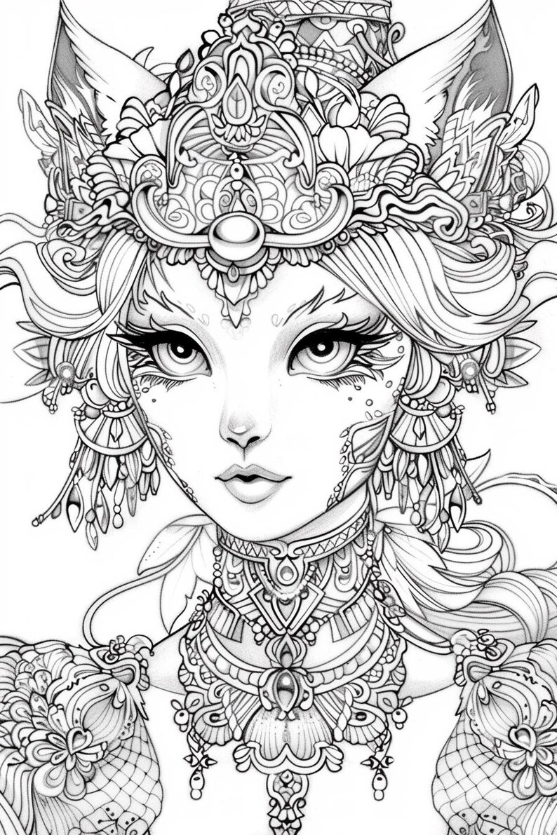 Printable Coloring Book for Women, Fantasy Cat Girls Wall Art PDF - Etsy