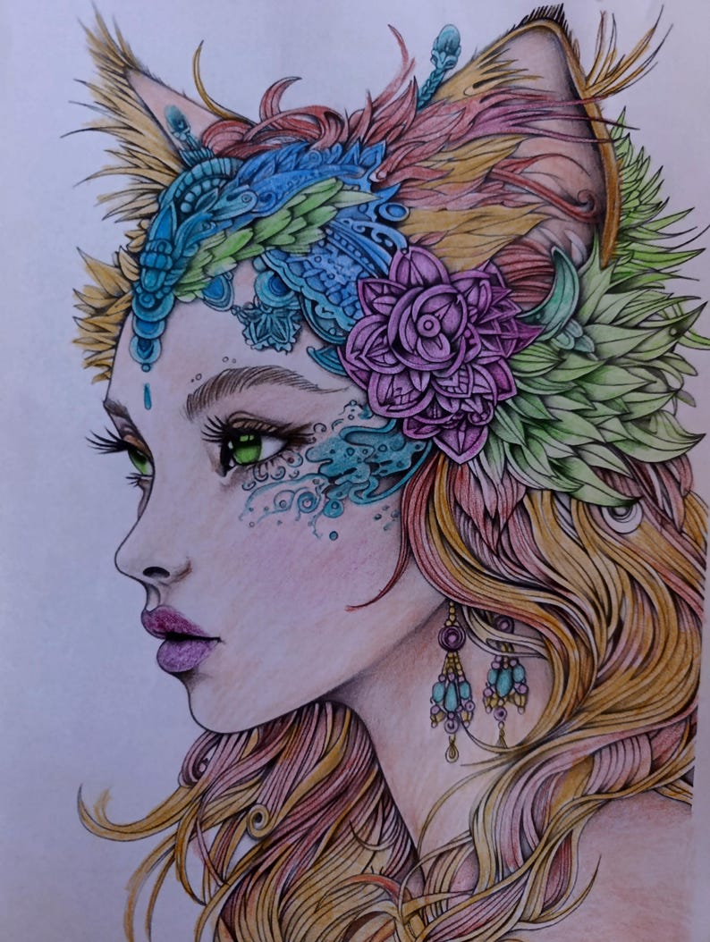 Printable Coloring Book for Women, Fantasy Cat Girls Wall Art PDF - Etsy