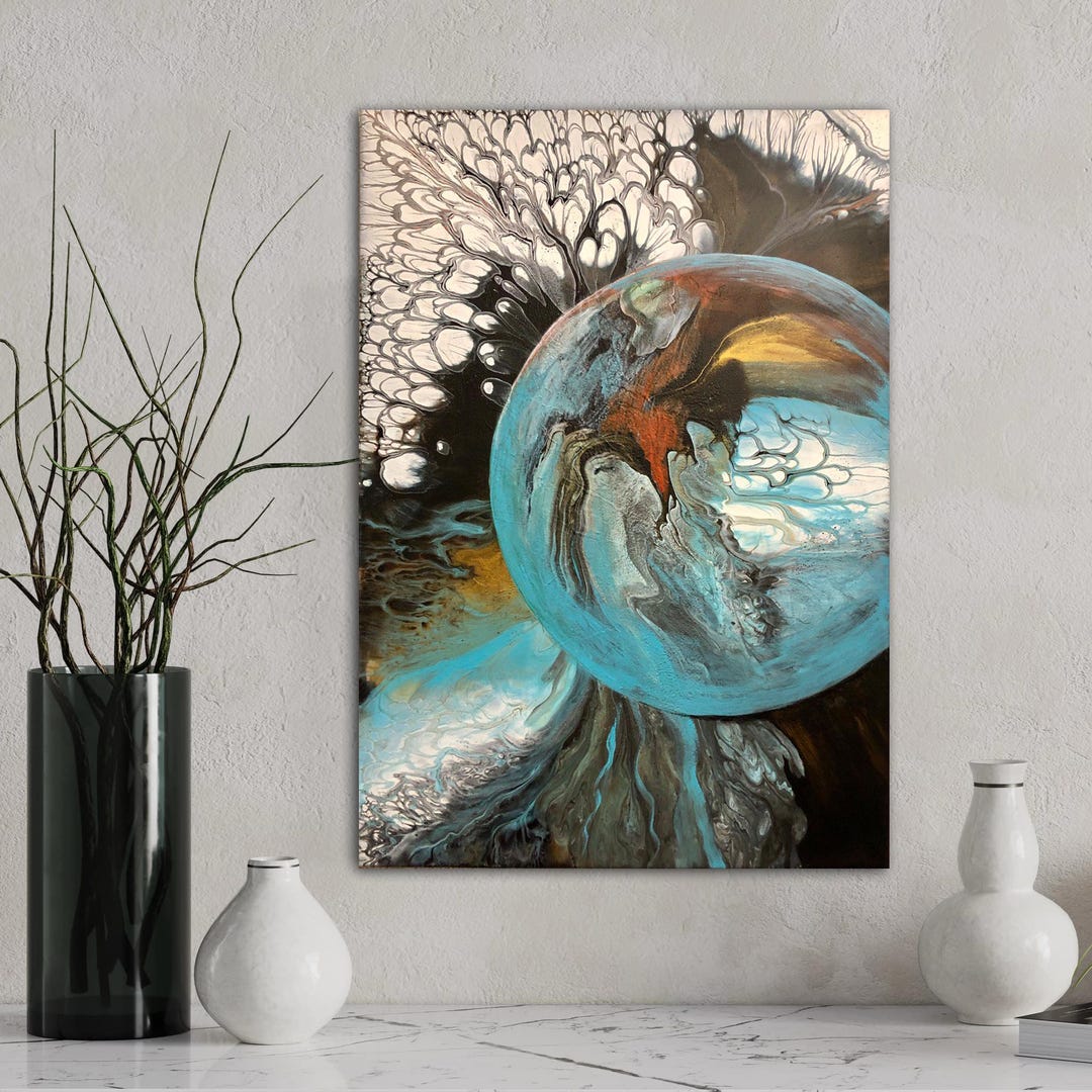 Original Abstract Acrylic Painting – Cosmic Sphere & Fluid Art – 20x14 ...