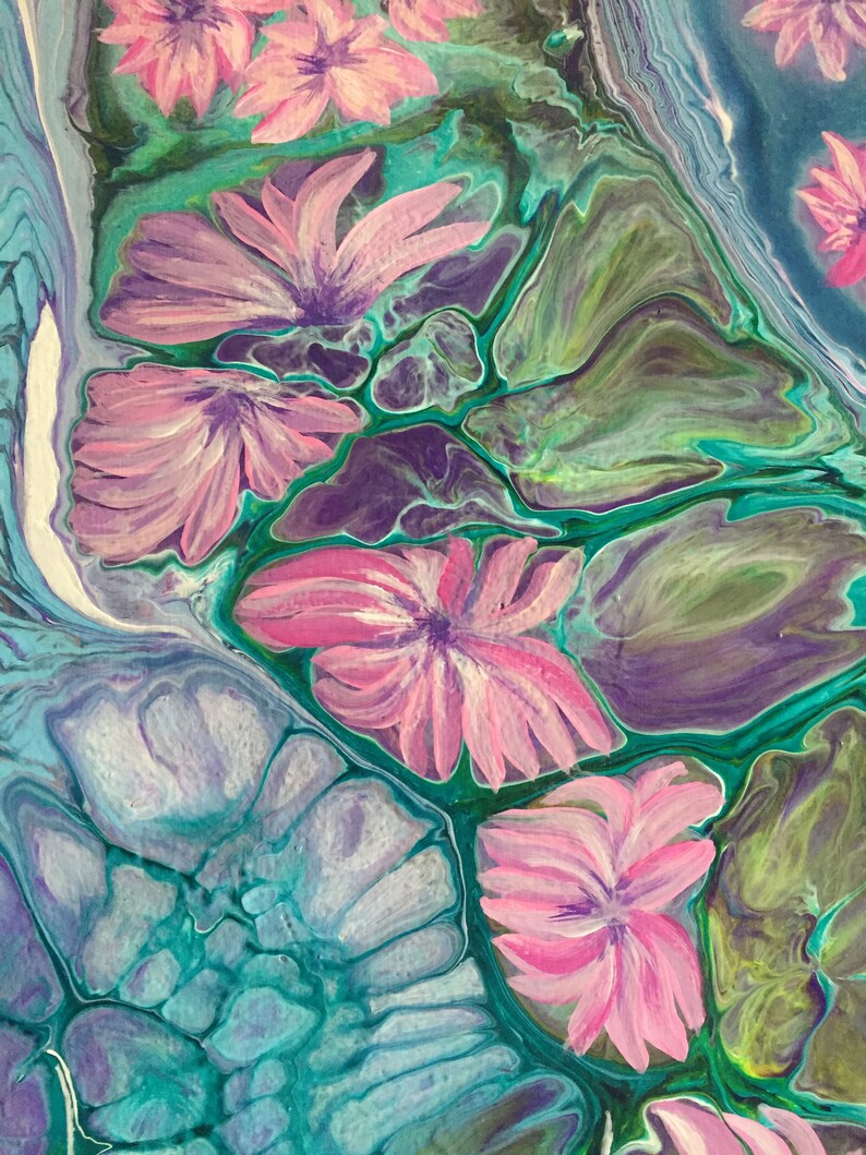 Flowers Acrylic Pour Painting on Canvas Fluid Art Abstract Blue Pink ...
