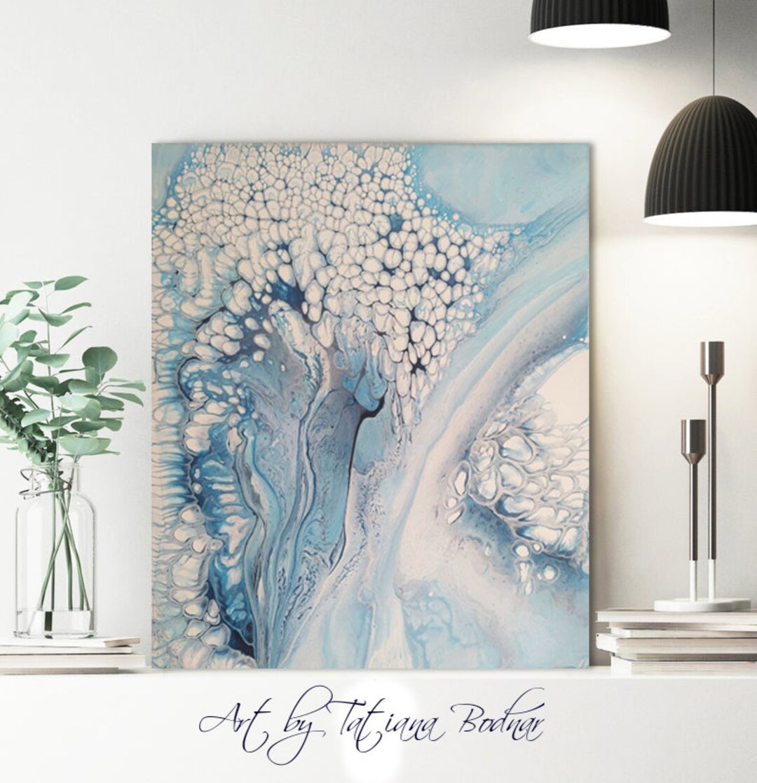 Acrylic Pour Painting on Canvas Fluid Art Blue Abstract Art Pearl Pour ...