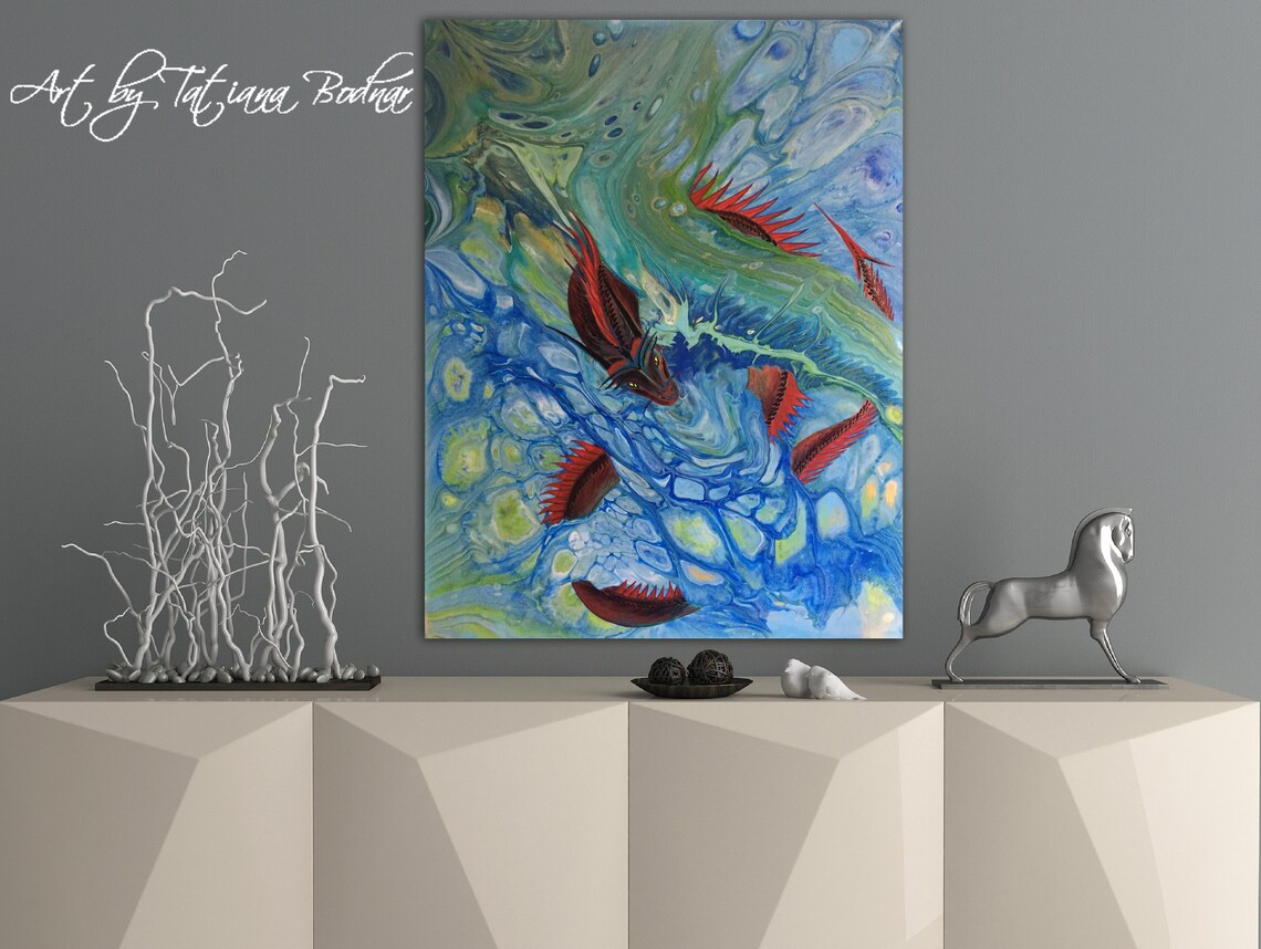 Dragon Acrylic Pour Painting On Canvas Fluid Art Original | Etsy