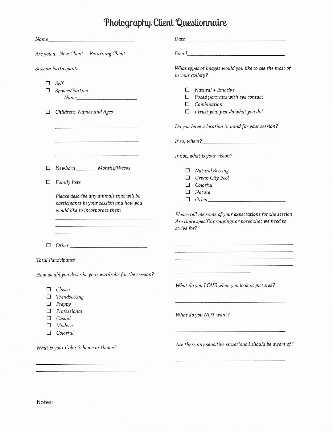 Photography Client Questionnaire - Etsy