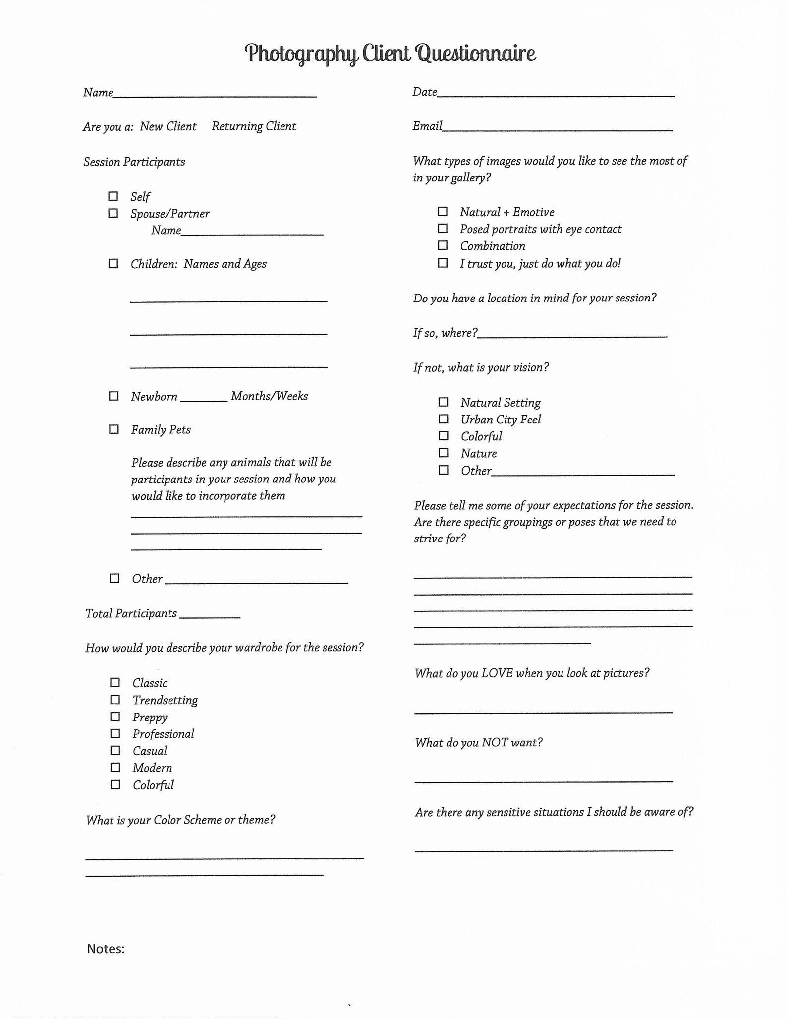 Photography Client Questionnaire - Etsy
