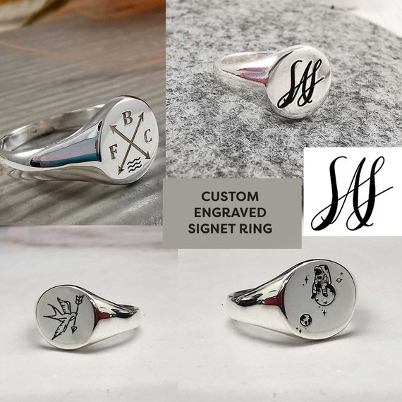 Custom Engraved Silver Signet Ring Bespoke Design Your - Etsy