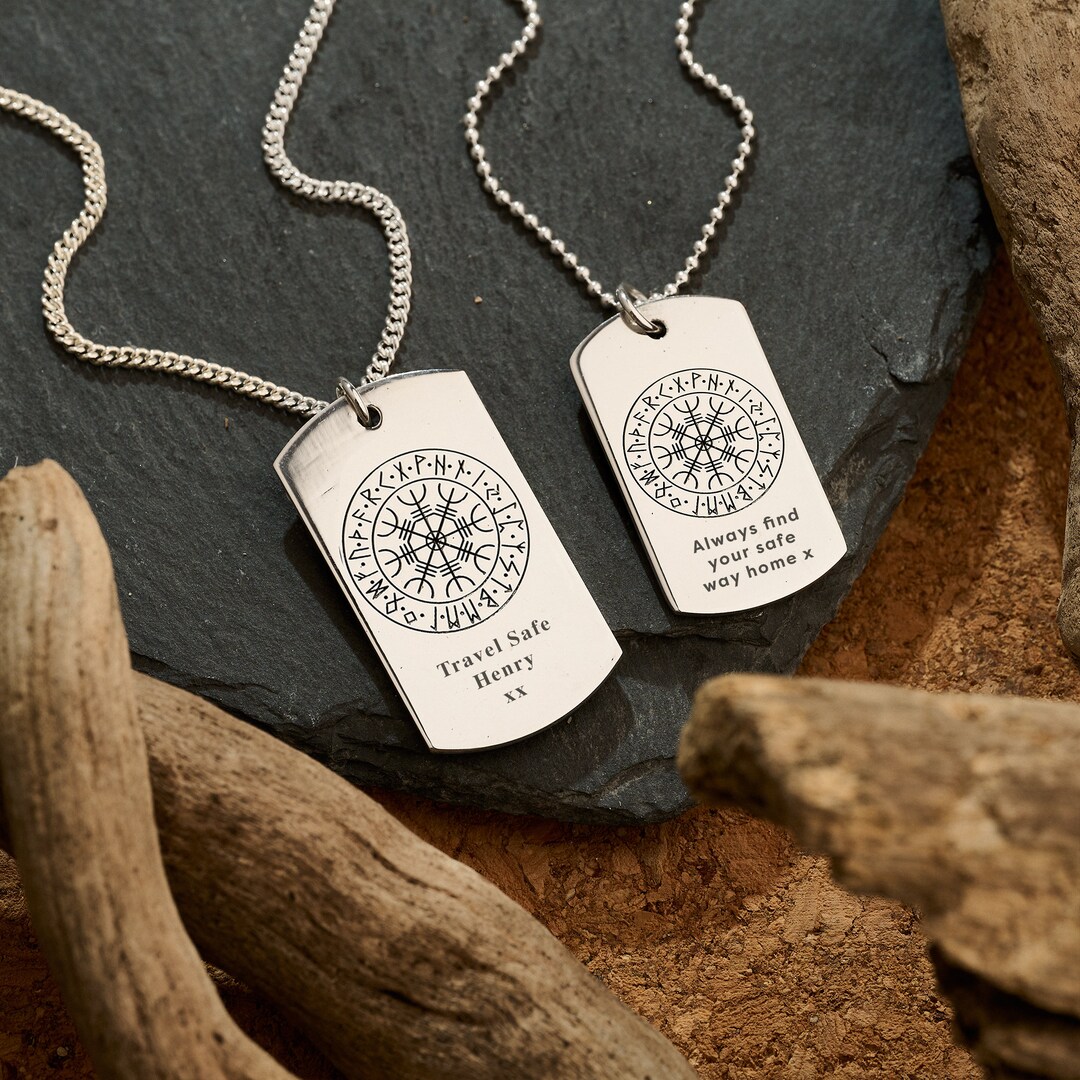 Way Finder Rune Dog Tag Recycled Silver Necklace - Vegvisir Rune Mens ...