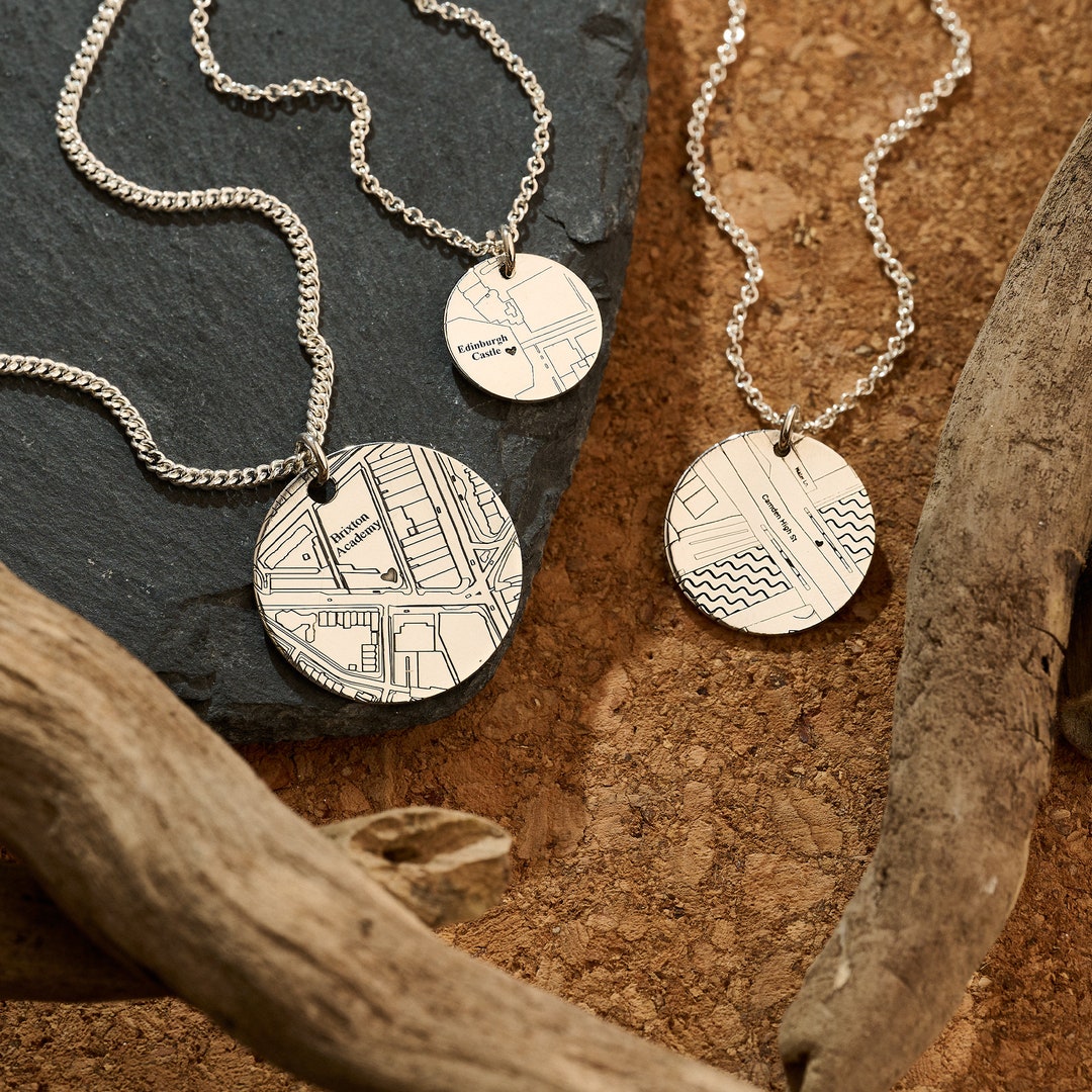 Custom Street Map Sterling Silver Necklace: Engraved Location Pendant ...