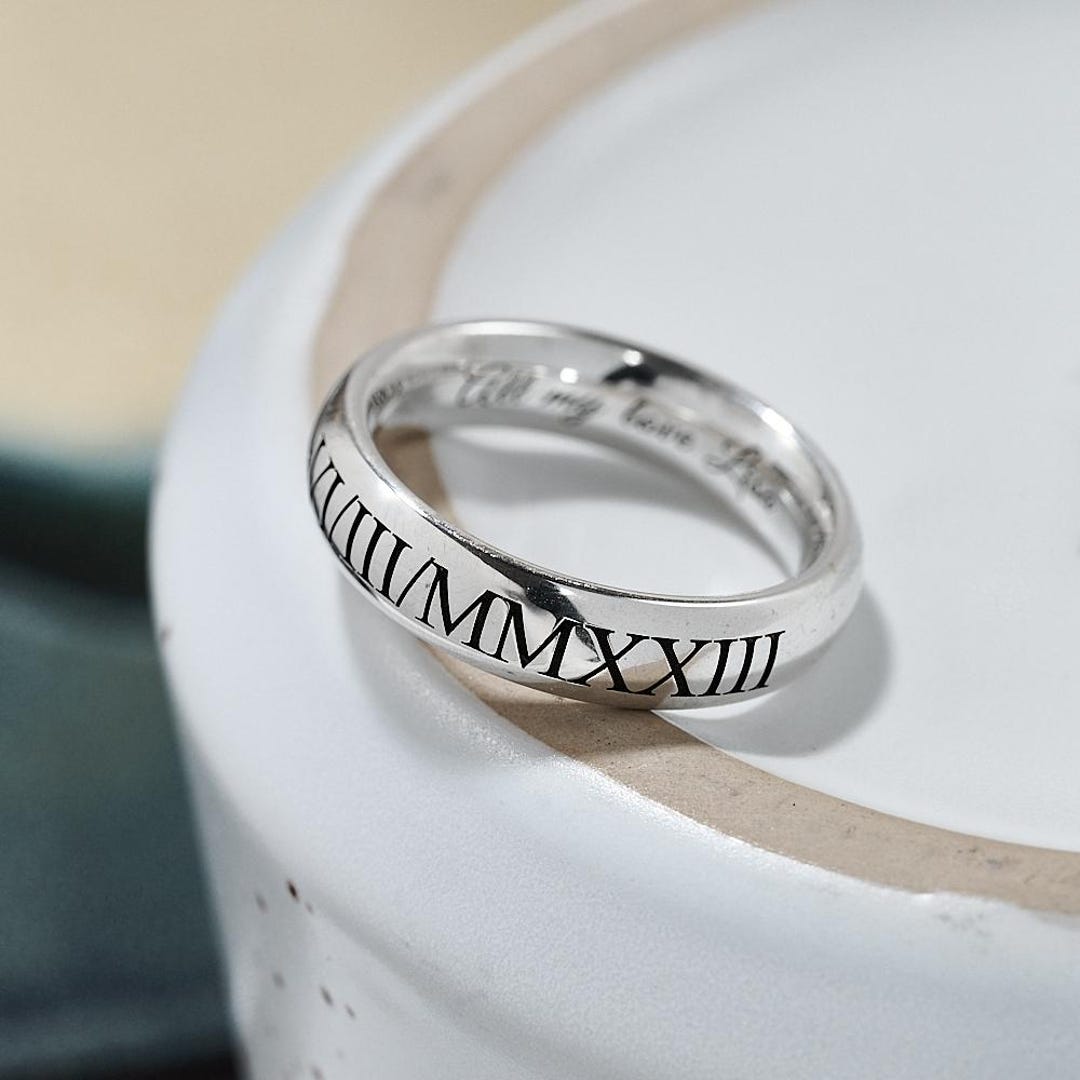 Engraved Roman Numeral Sterling Silver Ring - Custom Date Band - Etsy UK