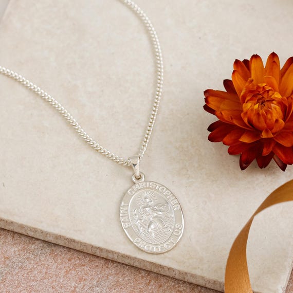 Silver St Christopher Protect Us Necklace for Men Women Mans St Christopher Pendant Engraved Travel Gift Oval Pendant for Man Etsy