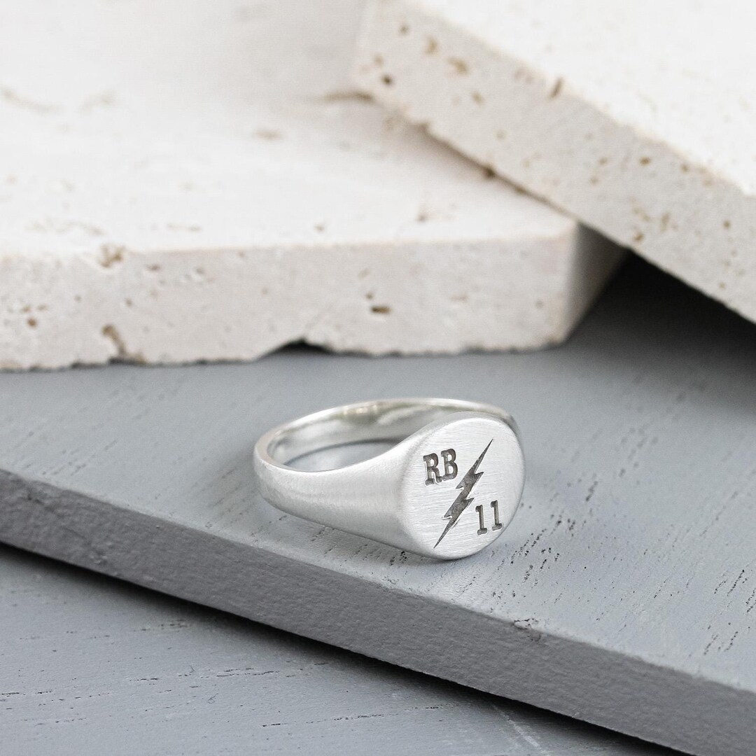 Sterling Silver Signet Ring: Thunderbolt Initials Pinky Ring - Etsy
