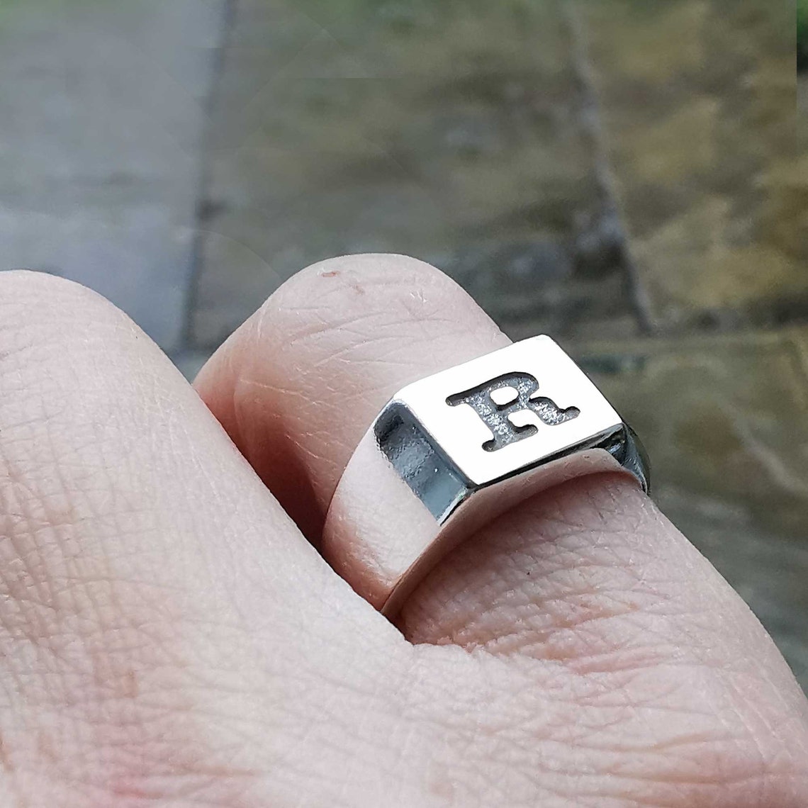 Initial Silver Signet Ring Mens Square Ring Custom Engraved | Etsy