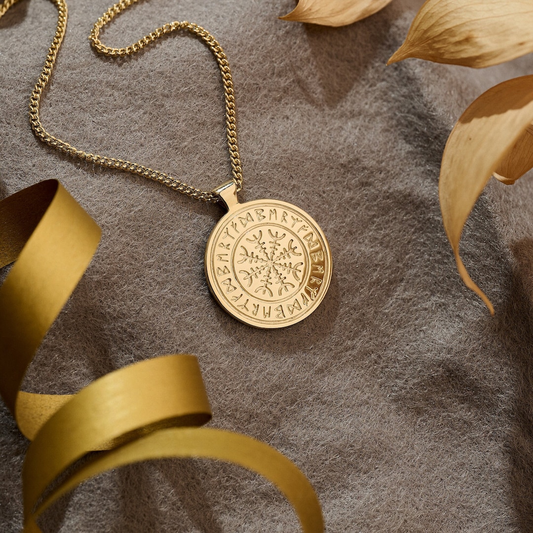 Solid Gold Rune Mens Necklace - Viking Travel Runes Pendant - Travel ...
