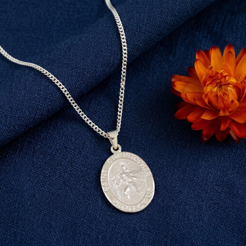 Oval Silver St Christopher Necklace: Engraved St Christopher Pendant ...
