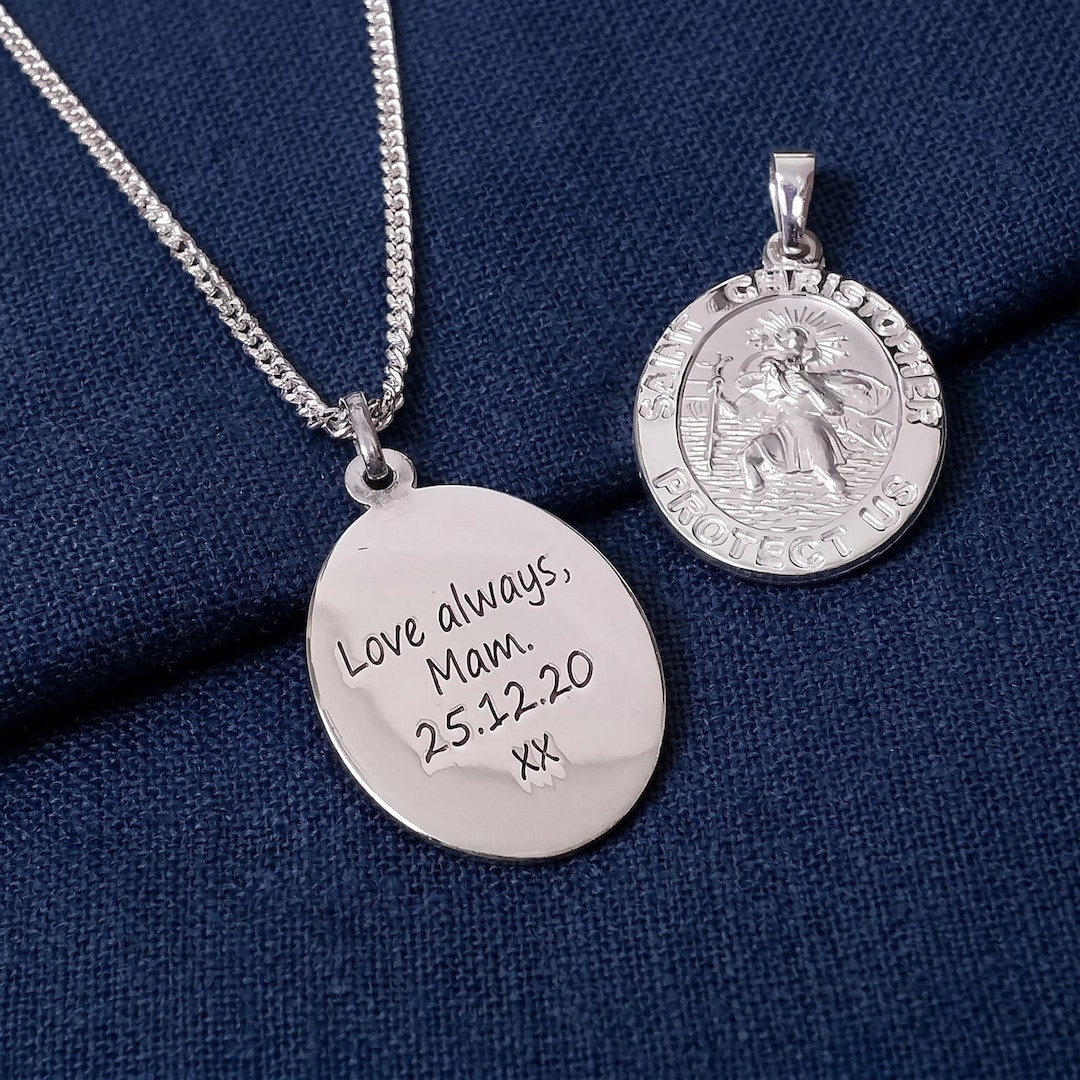 Oval Silver St Christopher Necklace: Engraved St Christopher Pendant ...