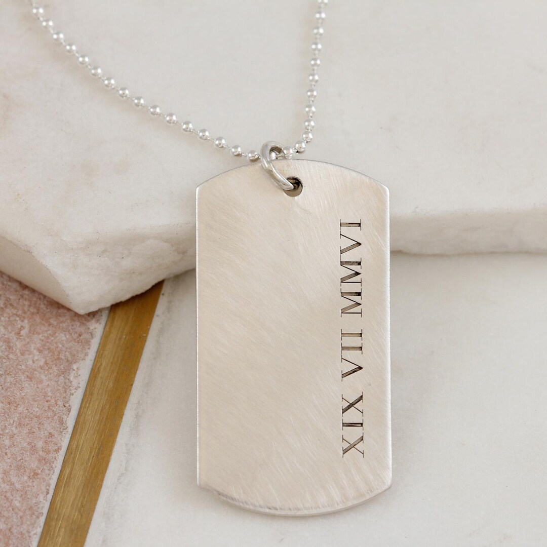 Recycled Silver Dog Tag Necklace: Roman Numeral Date, Personalized ...