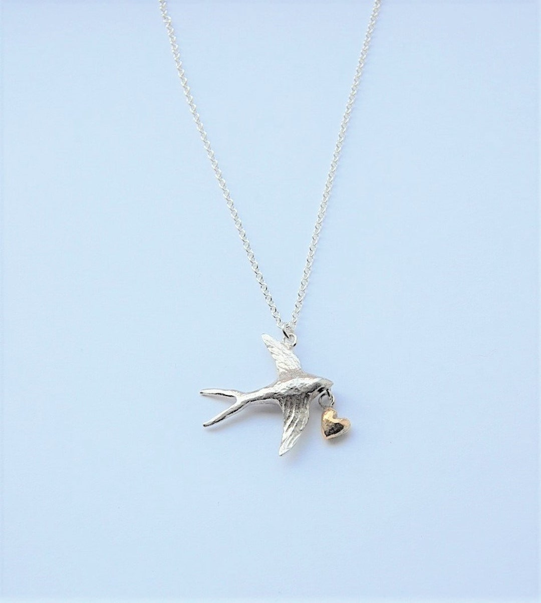 Swallow & Gold Dipped Heart Necklace, Swallow Necklace Sterling Silver ...