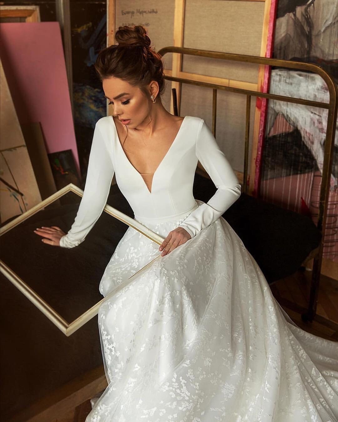 Romantic Long Sleeve Satin Wedding Dress With Tulle Lace - Etsy