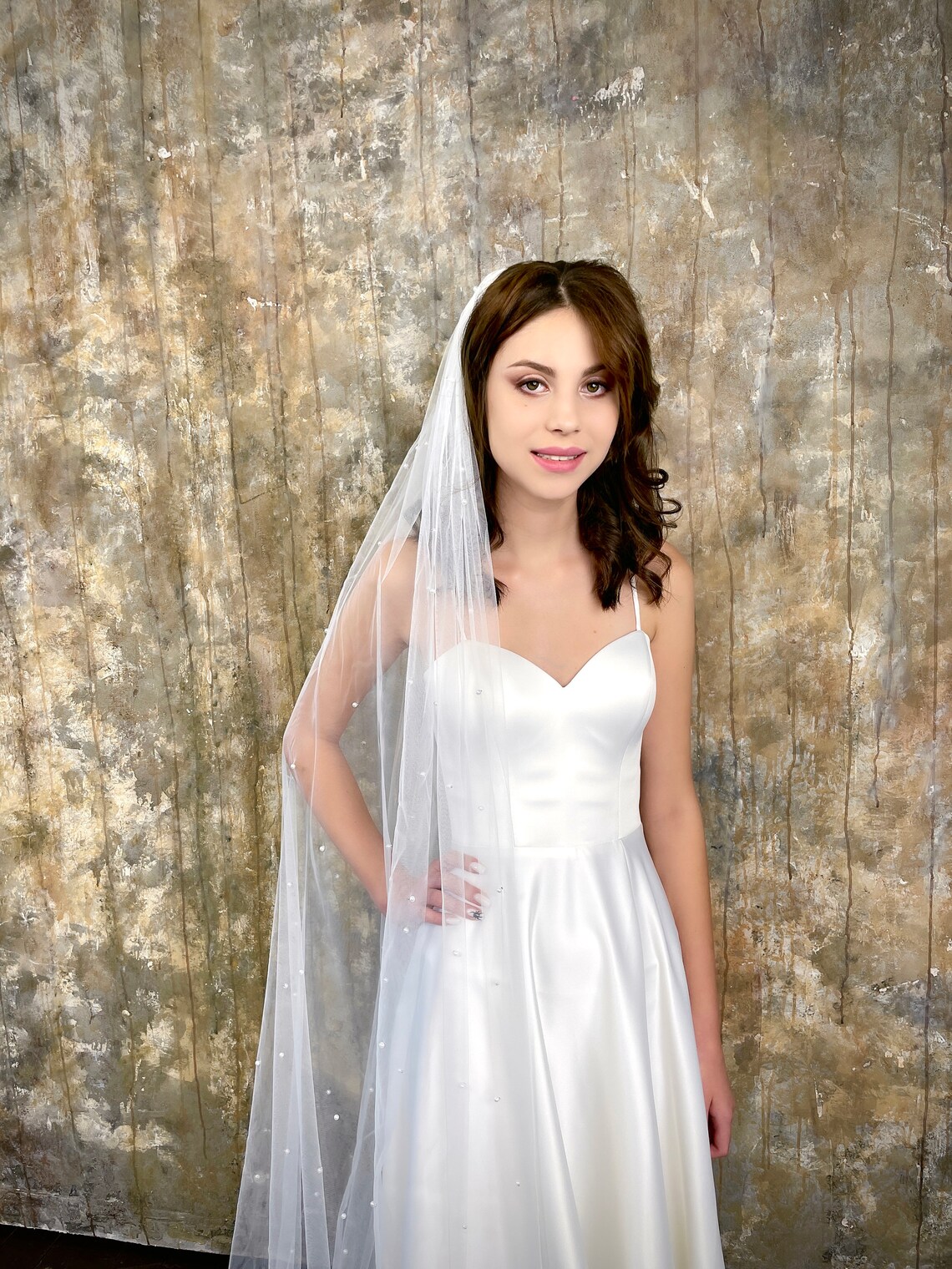 Wedding Veil Cascade Soft Bridal Veil With Scattered Pearls - Etsy