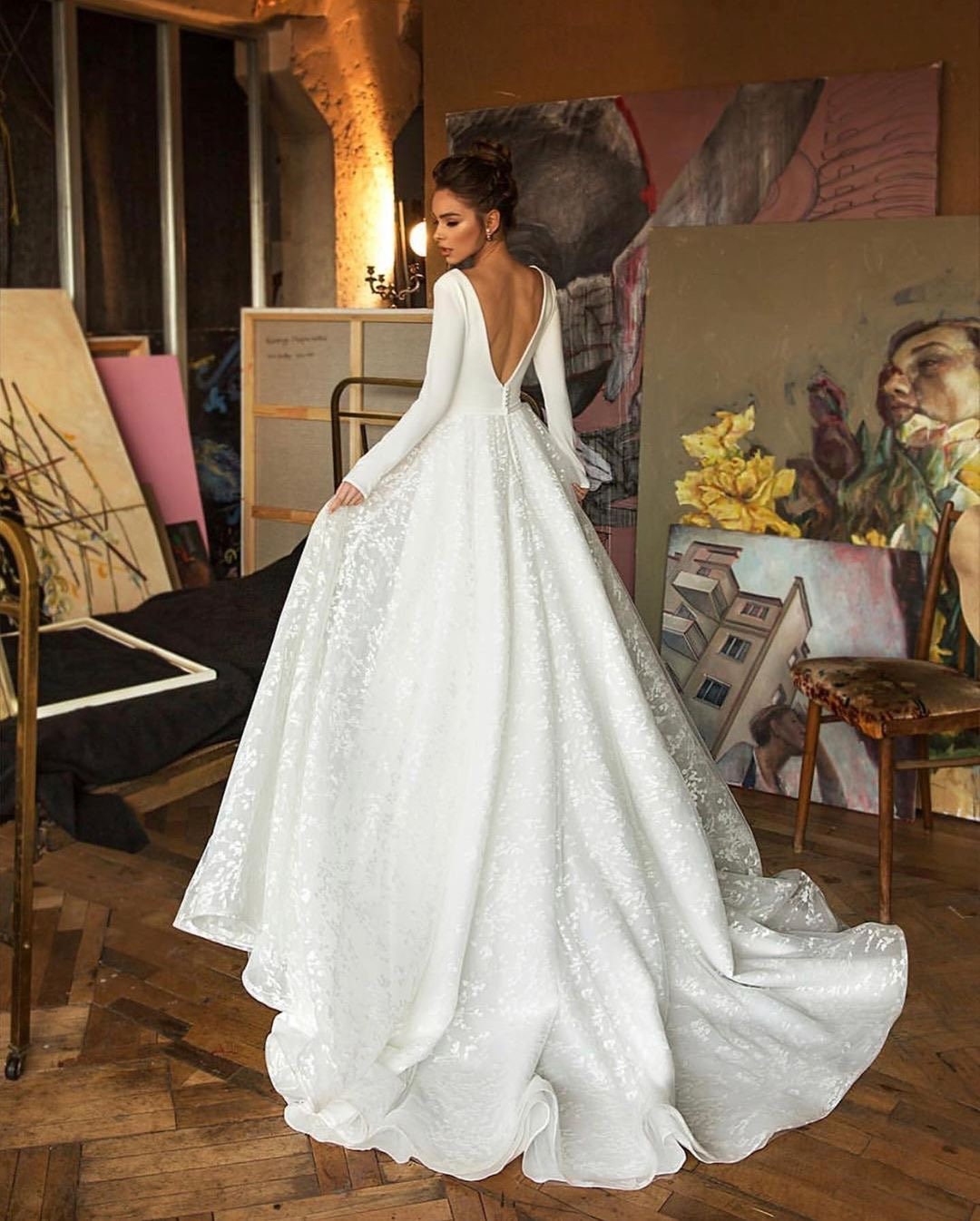 Romantic Long Sleeve Satin Wedding Dress With Tulle Lace - Etsy