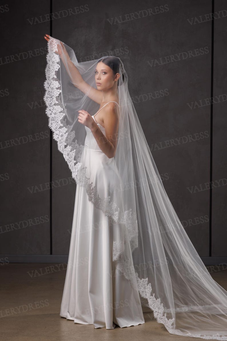 Grand Floral Cathedral Wedding Veil With Blusher, Double Layer Lace ...