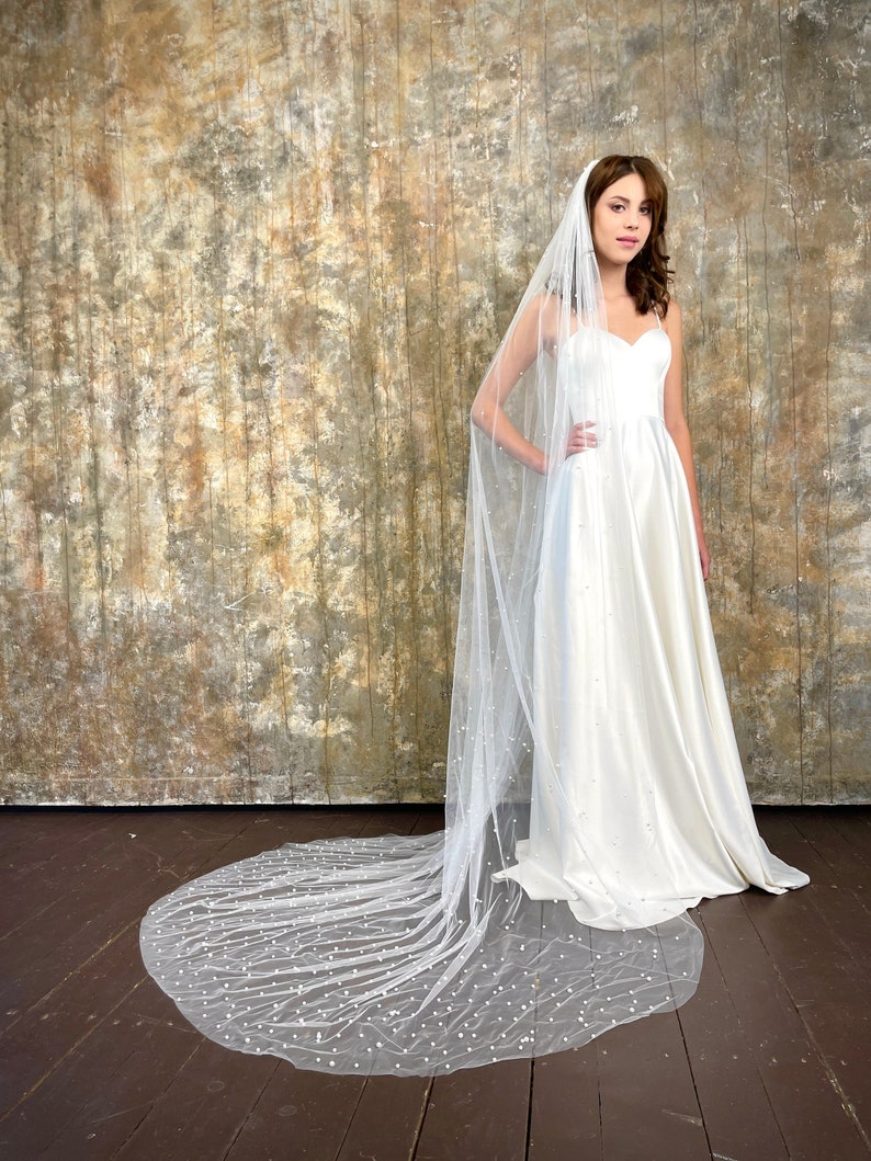 Wedding Veil Cascade Soft Bridal Veil With Scattered Pearls - Etsy