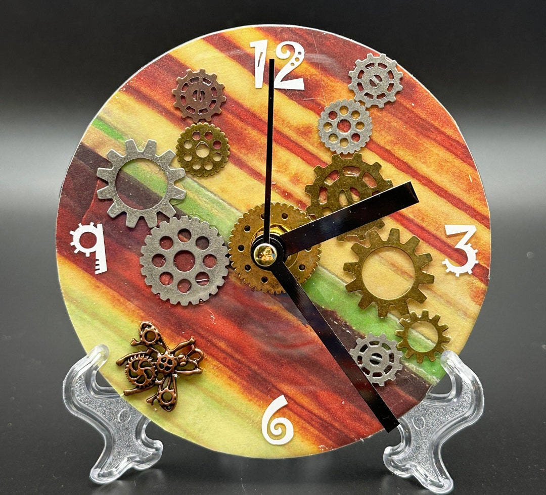 Upcycled Steampunk CD Clock – Abstract Desk Art, 5" Table Decor - Etsy