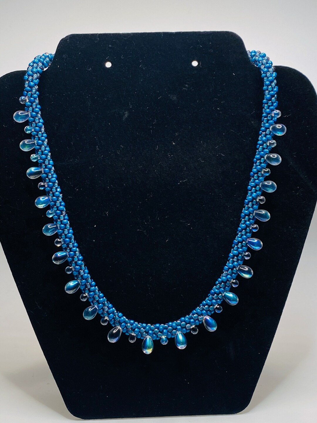 Blue Woven Beaded Necklace With Clear, Luminescent Drops - Etsy