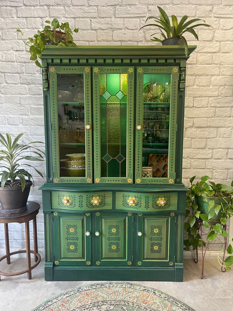 SOLD!!! NOT for Sale!!! Green Botanical China Cabinet, Green Painted ...