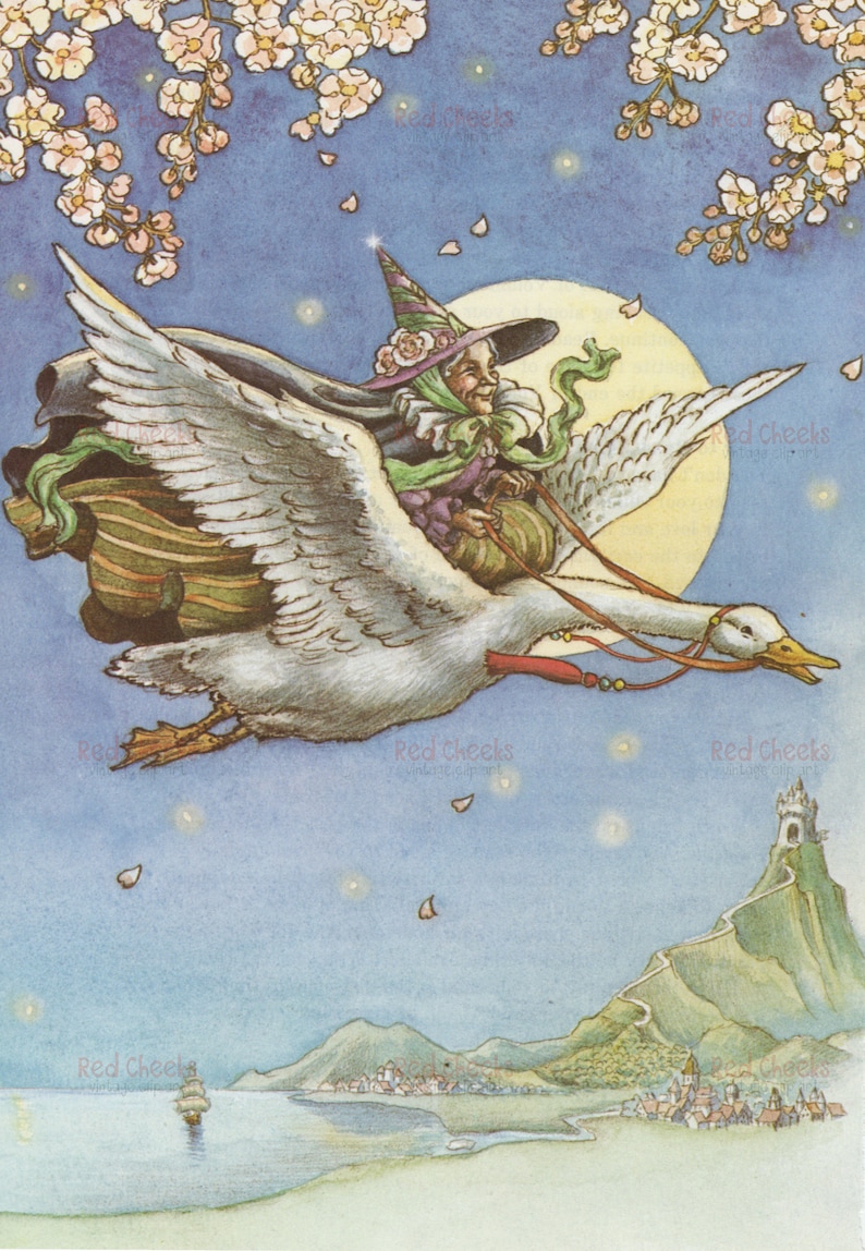 Vintage Mother Goose Witch Riding Goose Art Print (digital Download) - Etsy