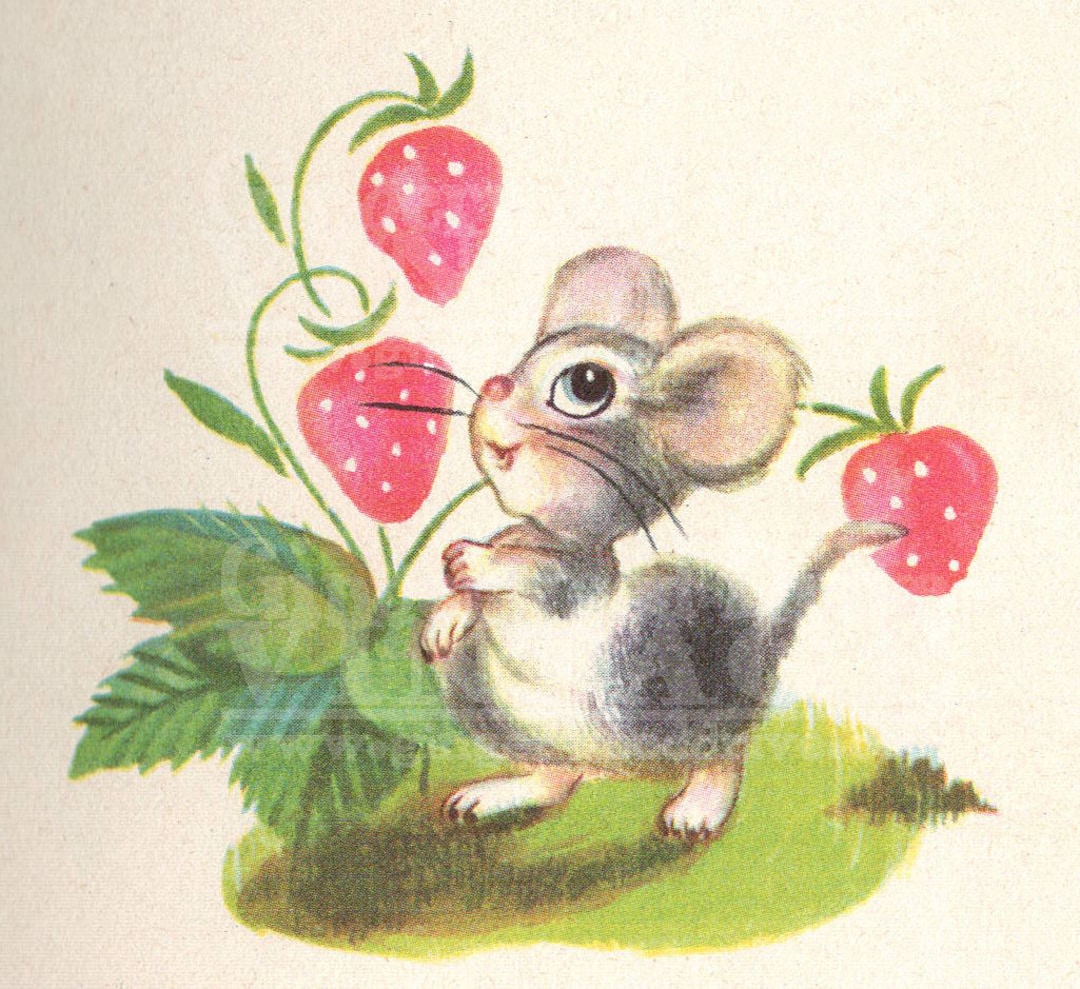 Digital Download of Cute Gray Field Mouse W Strawberry Animal Nursery ...