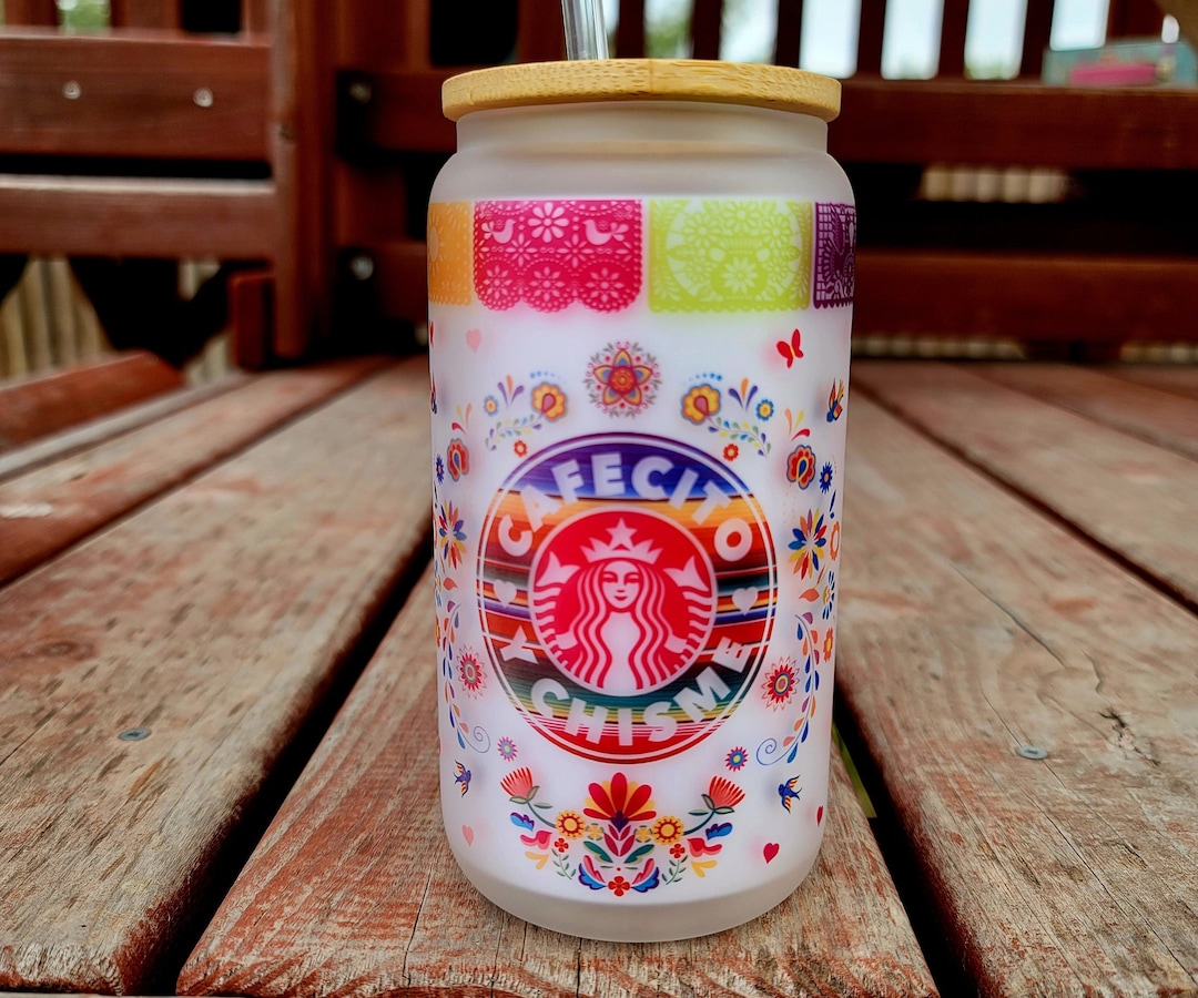 Cafecito Y Chisme 16oz Frosted Glass Cup Bamboo Lid Colorful Mexican