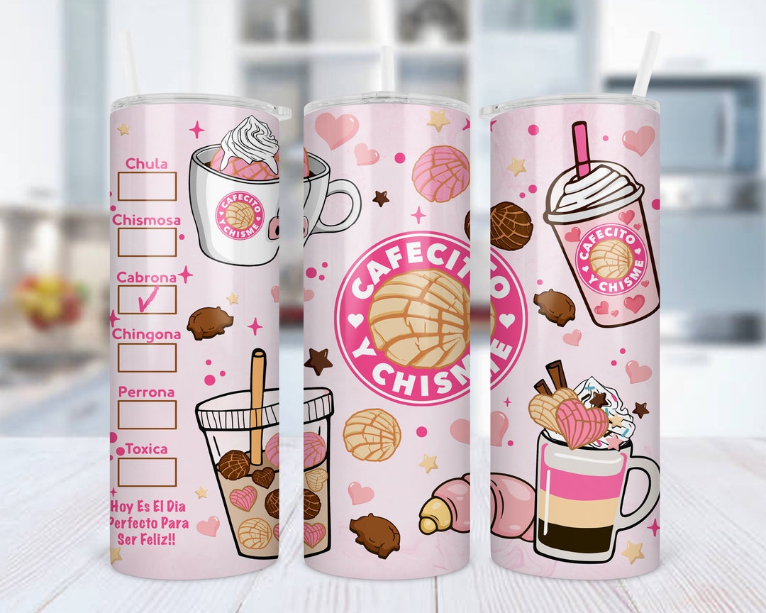 Cafecito Y Chisme 20oz Skinny Tumbler Colorful Mexican Theme Conchas ...