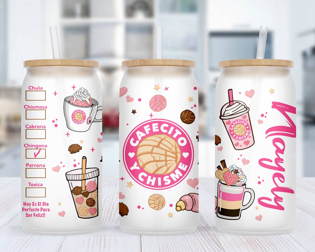 Cafecito Y Chisme 16oz Frosted Glass Cup Bamboo Lid Colorful Etsy
