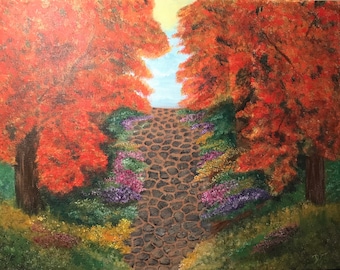 Into Fall, a 16x20 Acrylic Painting of a Path With Arched Trees in Fall ...