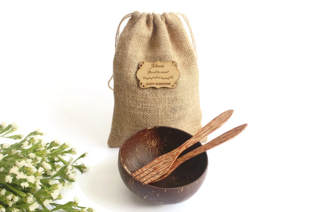 Personalized Retirement Gift, Coconut Bowl With Spoon Fork Set, Happy ...