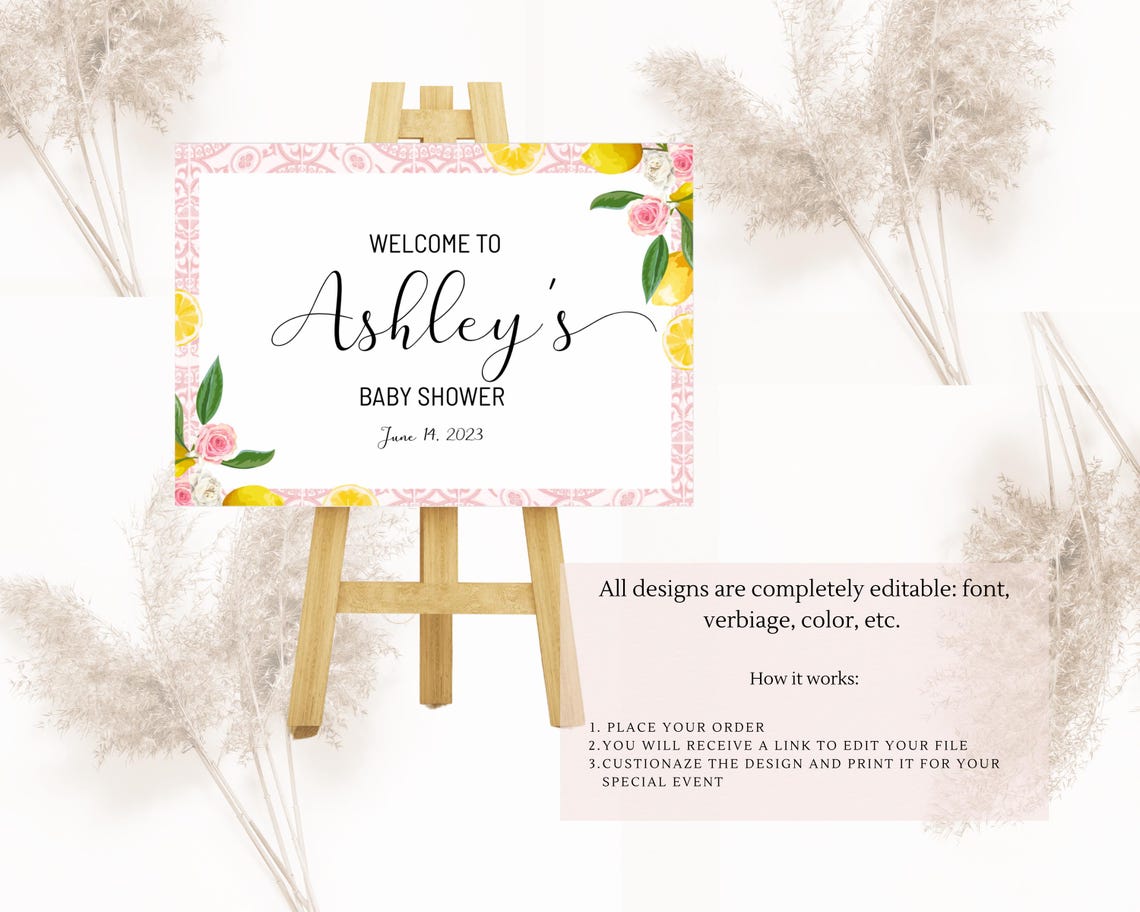 Lemon Baby Shower Welcome Sign, Flower and Lemon Door Sign, Girl Baby ...