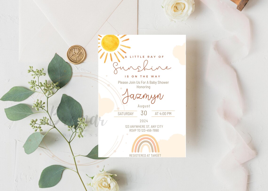 A Little Ray of Sunshine Baby Shower Invitation Editable, Boho Sunshine ...