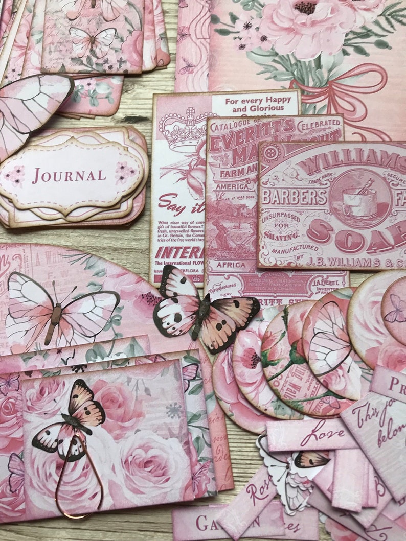 Pink Butterflies and Roses Junk Journal Kit, Pink Ephemera Pack ...