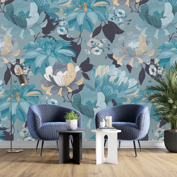 Large Blue Floral Wallpaper - Etsy