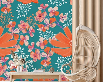 Removable Wallpaper Orange Fall Mythic Flowers Peel and Stick Wallpaper ...