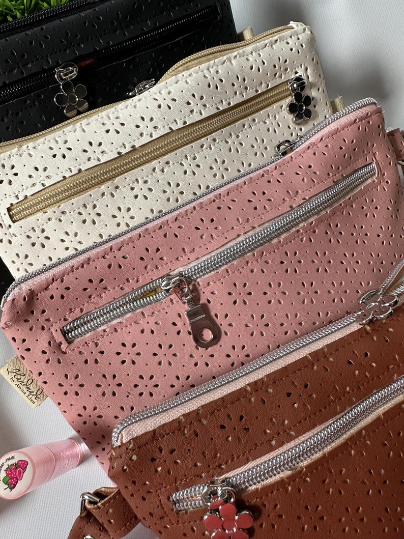 Perforated Laser Cut Flower Design Faux Leather Wristlet Clutch Pockets ...