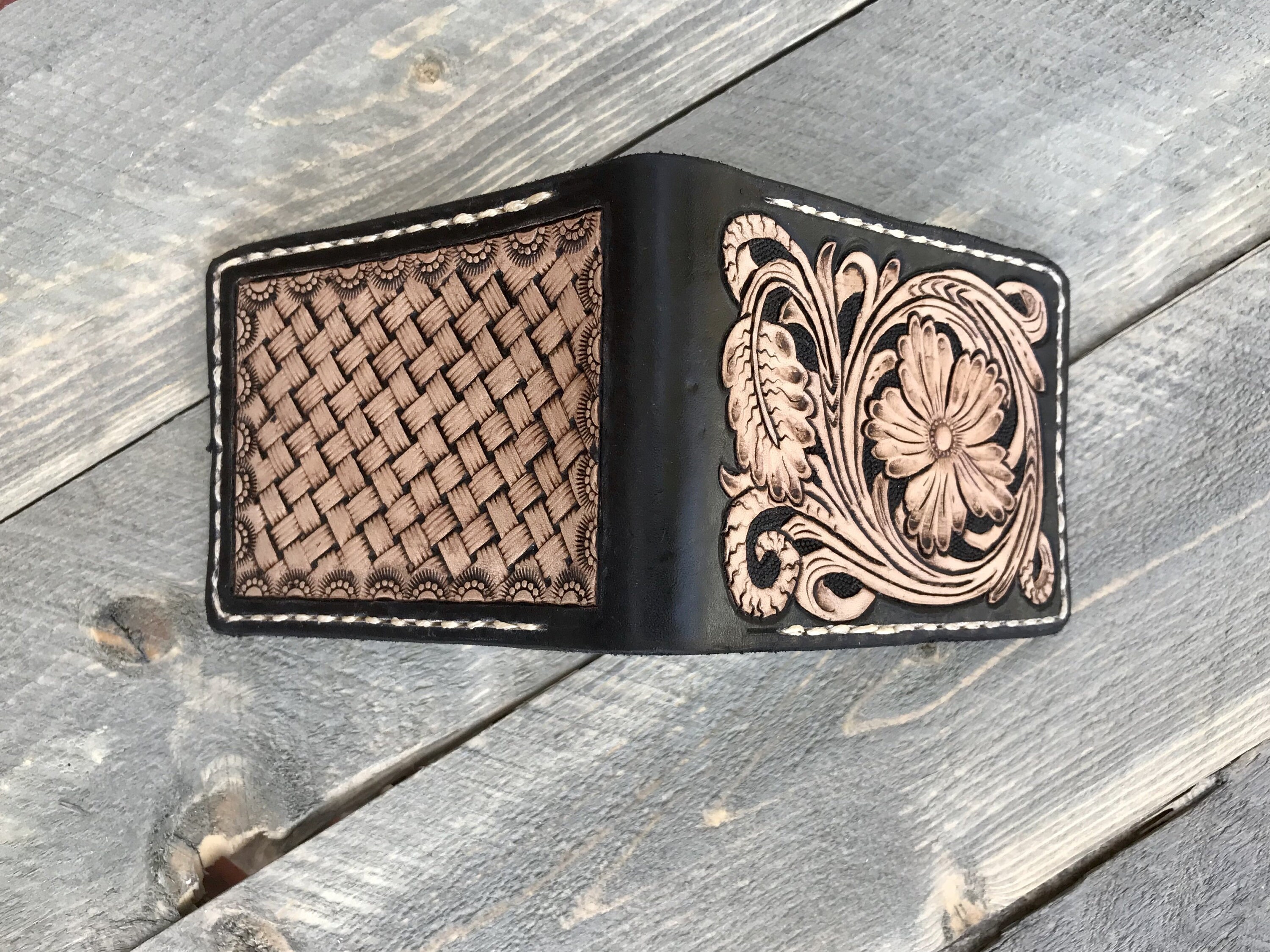 Men's Bifold Floral and Basket Stamped Wallet, Tooled Leather Wallet, Sheridan Tooled Wallet ...