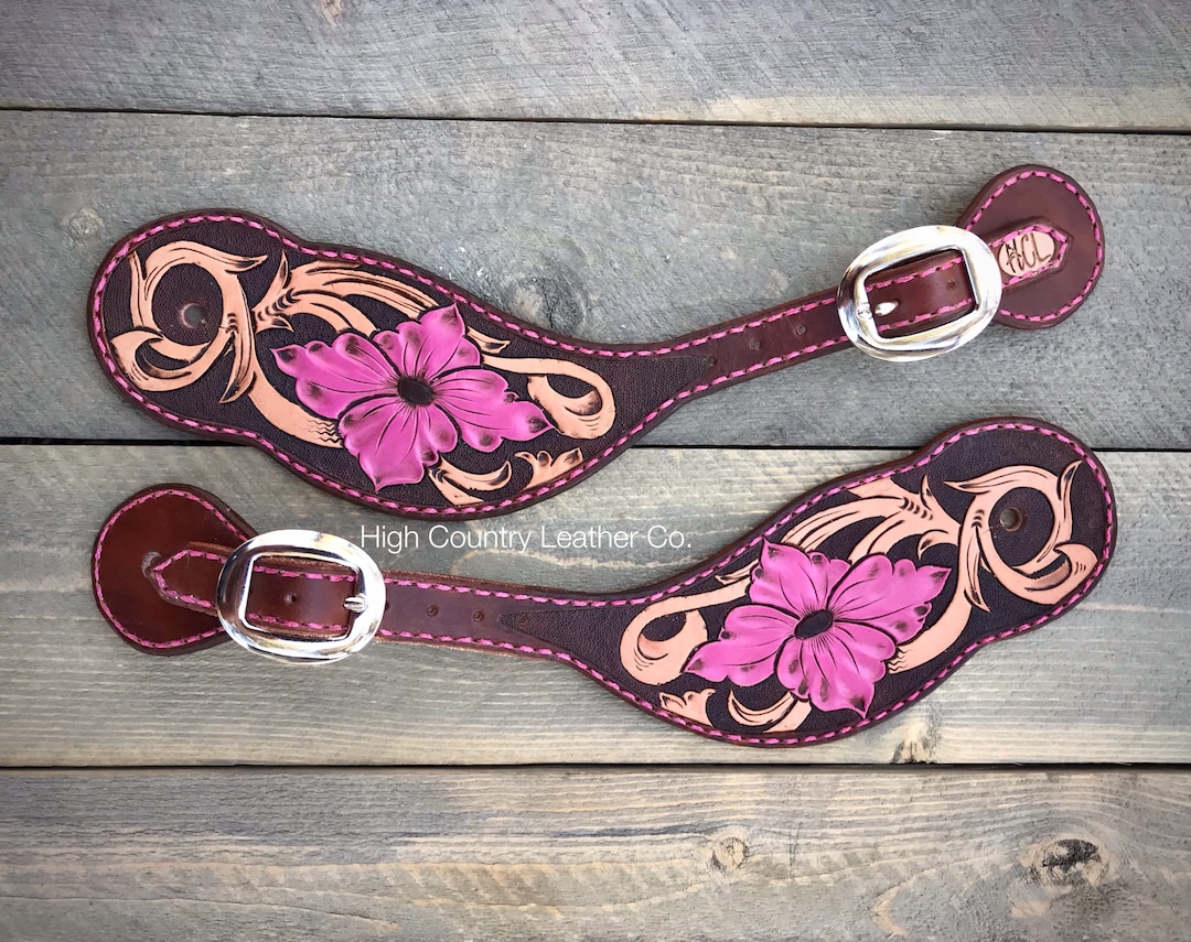 Pink Floral Spur Straps, Tooled Leather Spur Straps, Pink Spur Straps ...